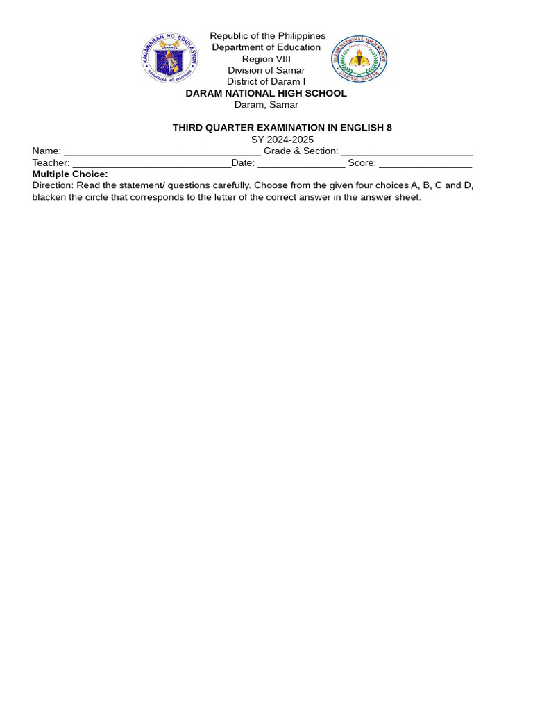 3Q English 8 Exam | PDF