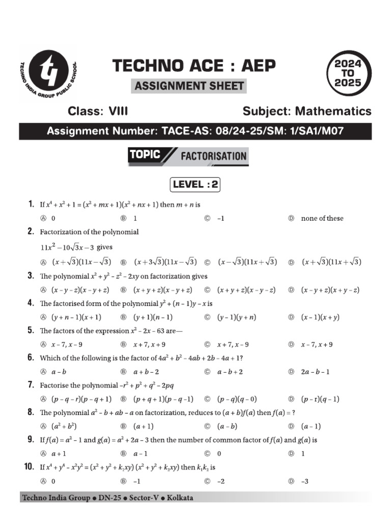Math VIII CH 7 (Assi L 2) Factorisation | PDF
