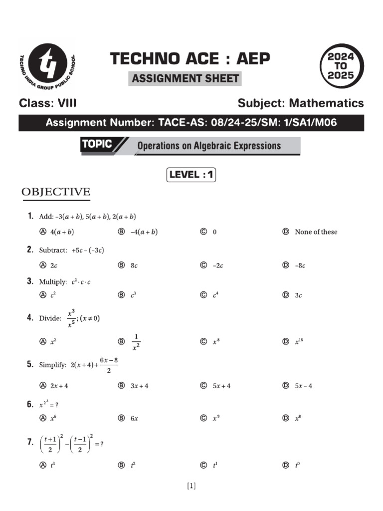 Math VIII Ch 6 (Assi L 1) Operations on Algebraic Exp | PDF