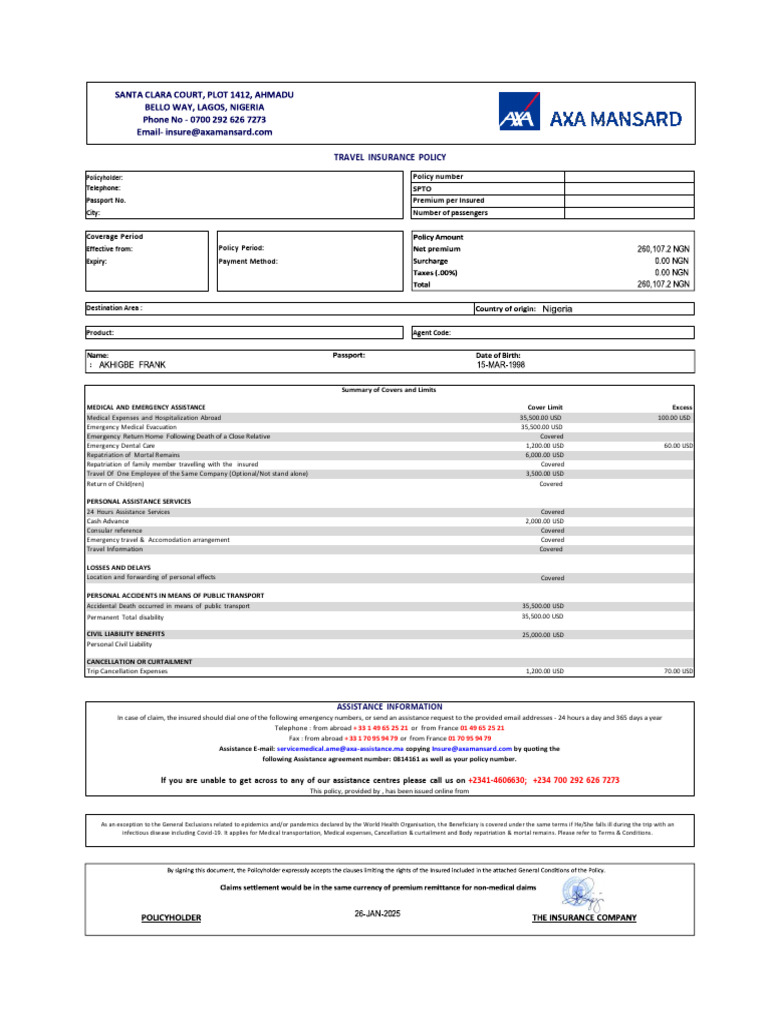 Akhigbe Frank Travel Insurance | PDF | Insurance | Credit Card
