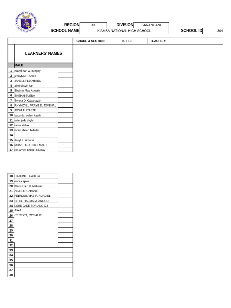ICT 10 Class Record for SY 2024 | PDF