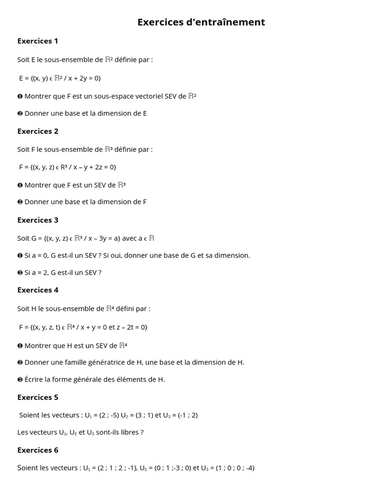Exercices sur les sous-espaces vectoriels | PDF