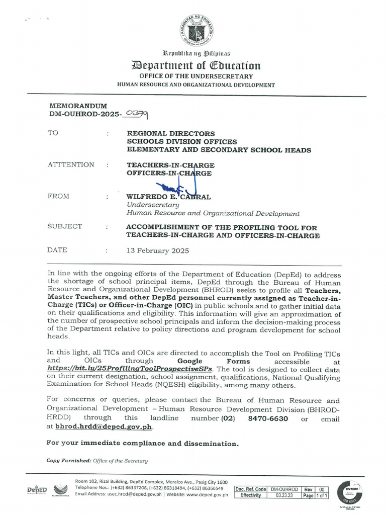 Dm Ouhrod 2025 0379 Accomplishment of the Profiling Tool for Tic Oic | PDF