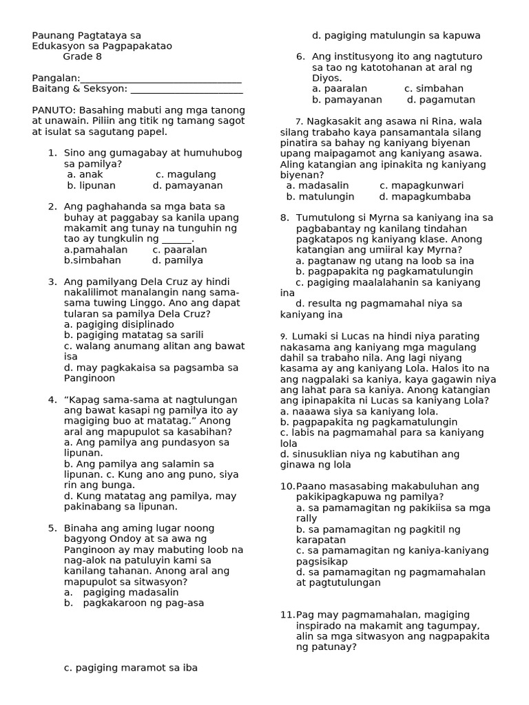 Unang Markahang Pagsusulit Sa Esp 8 | PDF