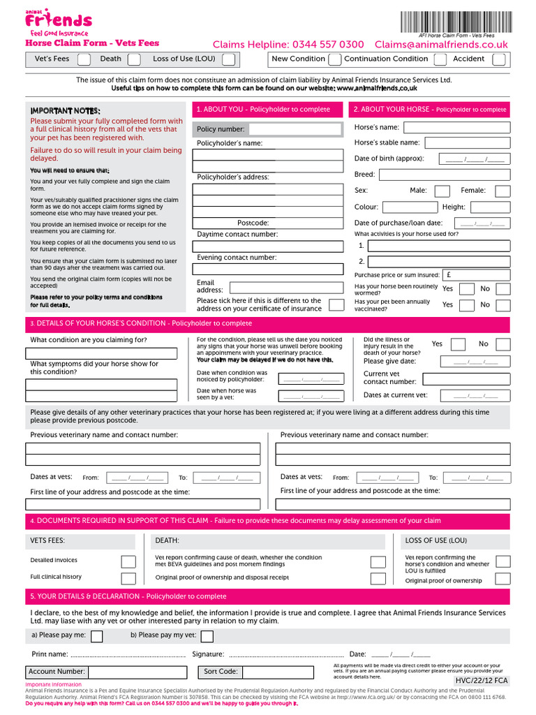 Horse Vet Fee Claim Form Guide | PDF | Insurance | Veterinary Medicine