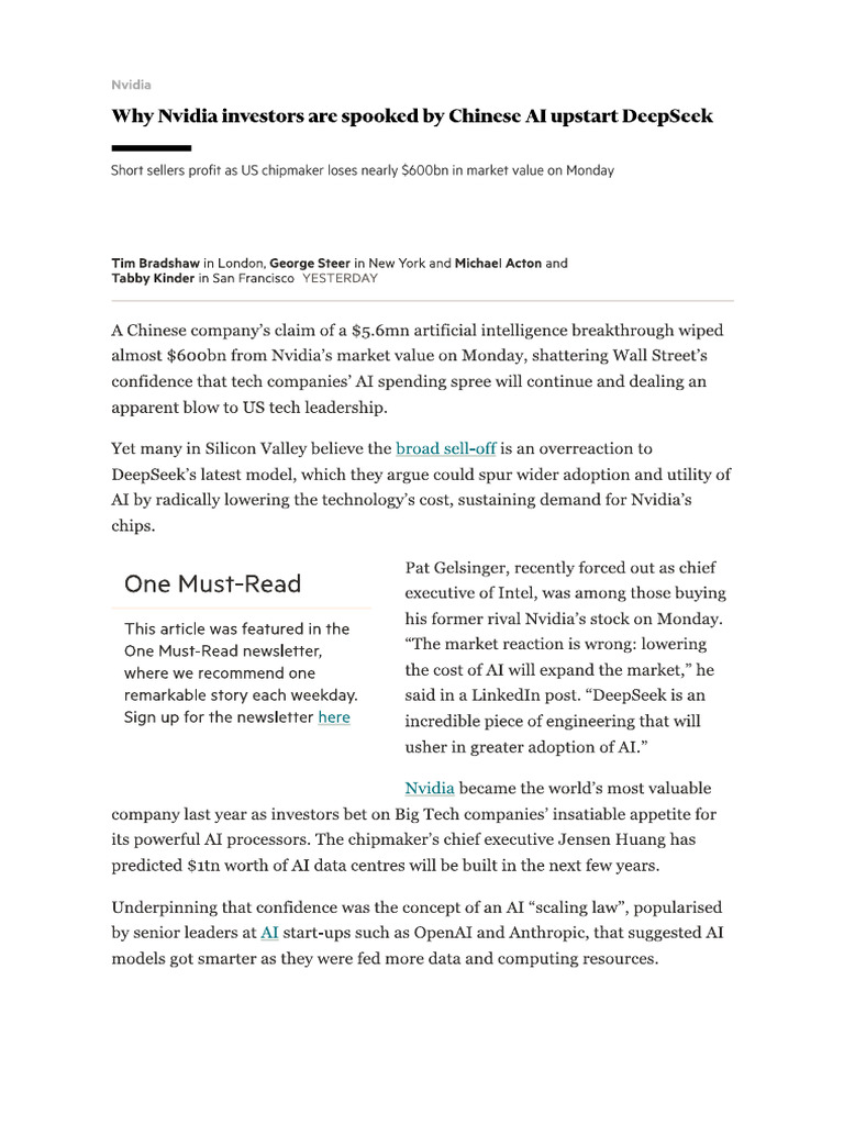 Why Nvidia Investors Are Spooked by Chinese AI Upstart DeepSeek | PDF