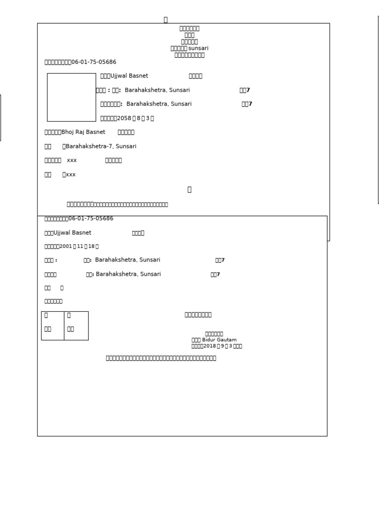 Ujjwal Basnet 身分証明書 日本語訳 | PDF