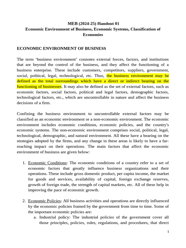 MEB (2024-25) Handout 01 (Economic Systems and Classification of ...