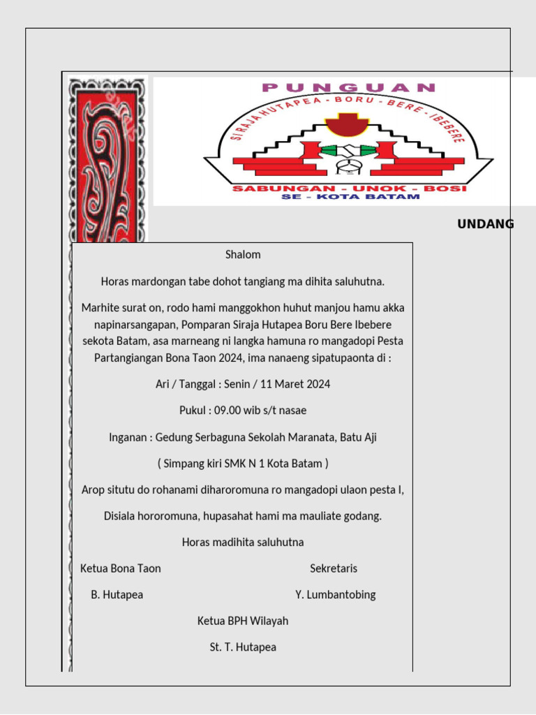 Undangan Pesta Bona Taon 2024 Batam | PDF