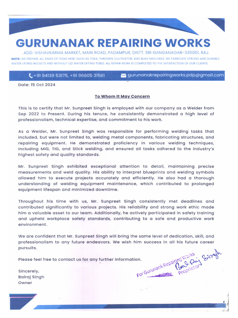 Welder Experience Letter | PDF