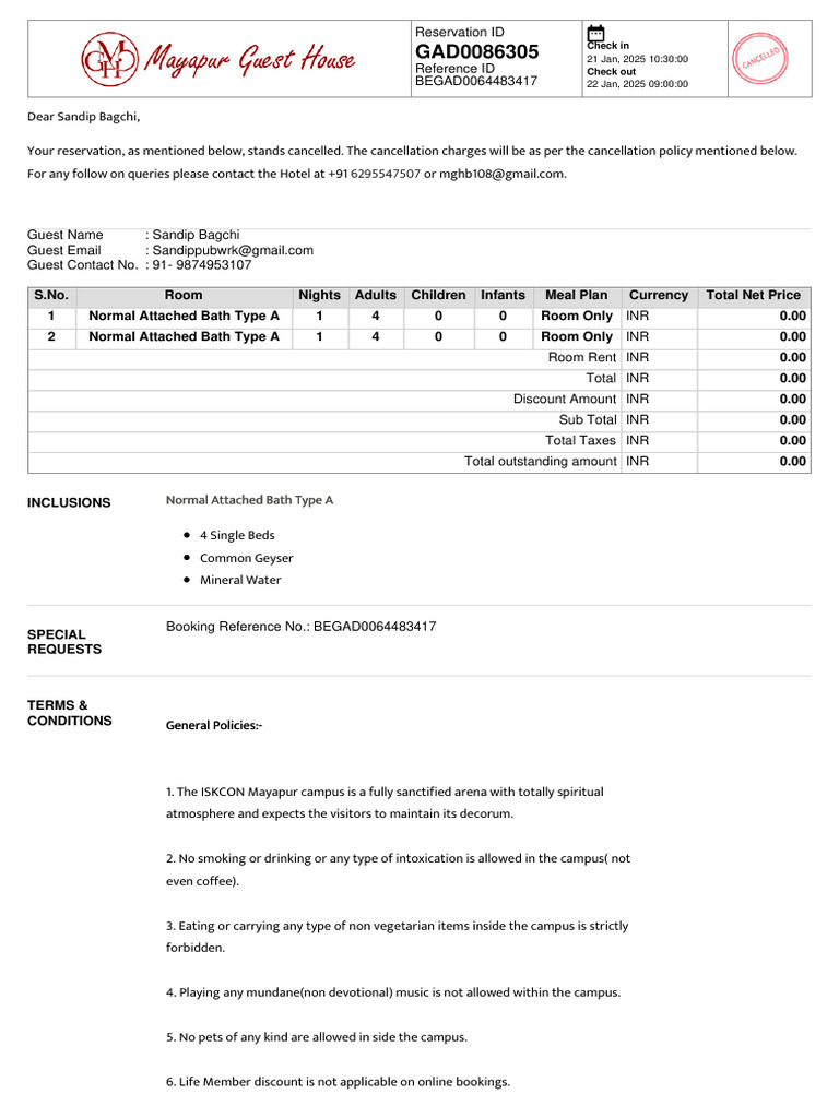 Reservation Cancellation - GADA BHAVAN - GAD0086305 | PDF