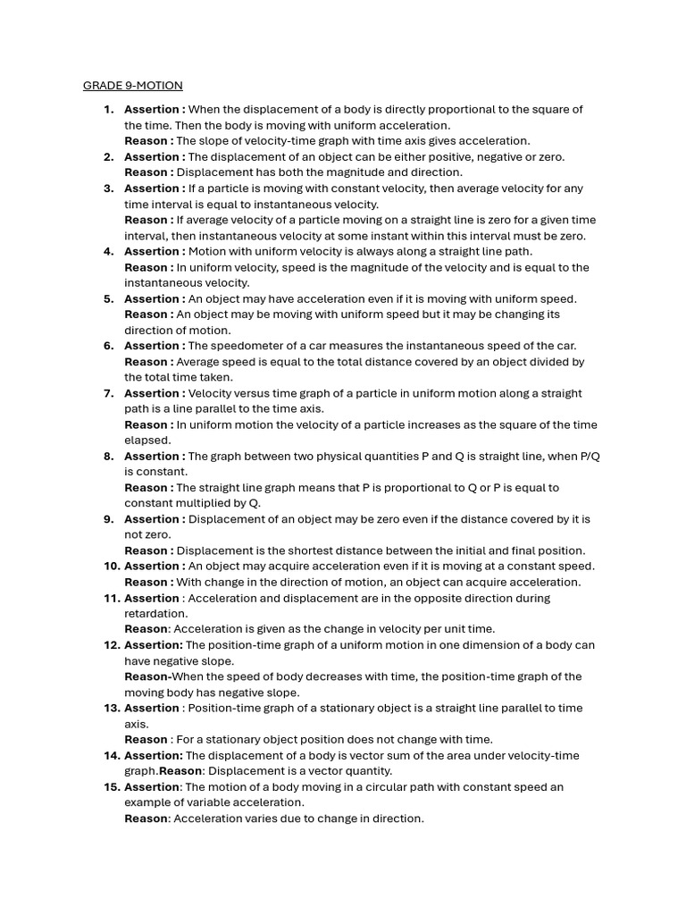 ASSERTION REASON-MOTION | PDF | Velocity | Acceleration