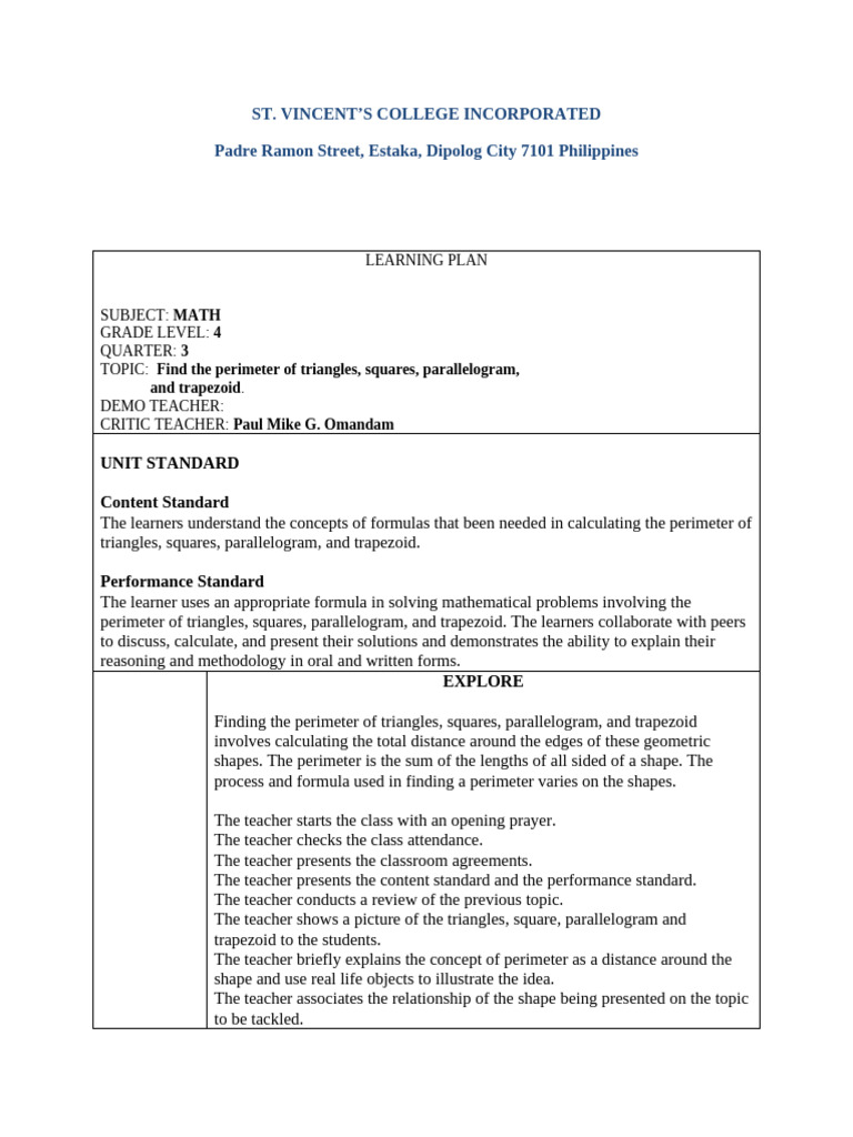 LEARNING PLAN FINAL | PDF | Shape | Rectangle