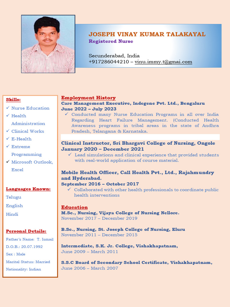 Vinay Kumar Joseph: Nursing Profile | PDF