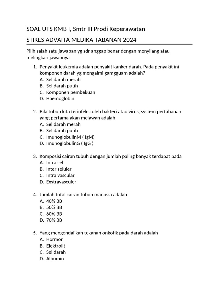 SOAL UTS KMB I, SMTR III Prodi Keperawatan | PDF