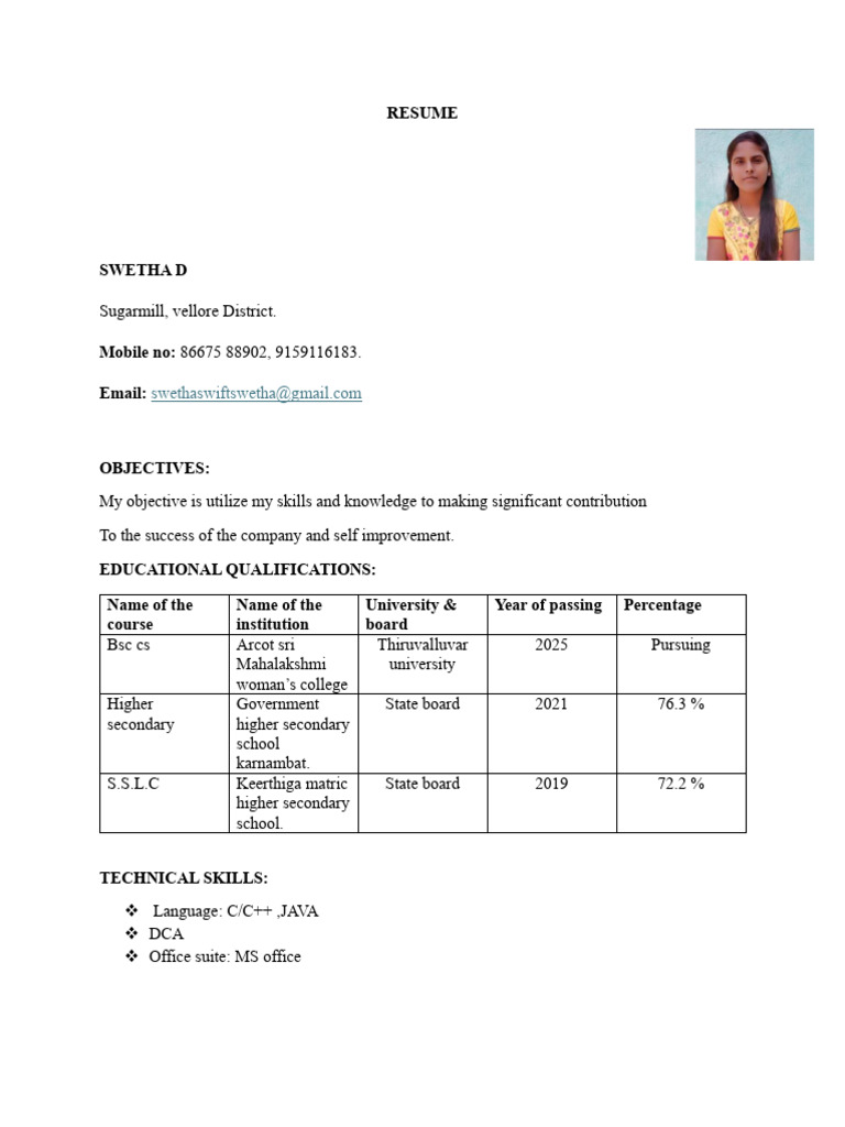 Resume of Swetha D. Mahalakshmi | PDF