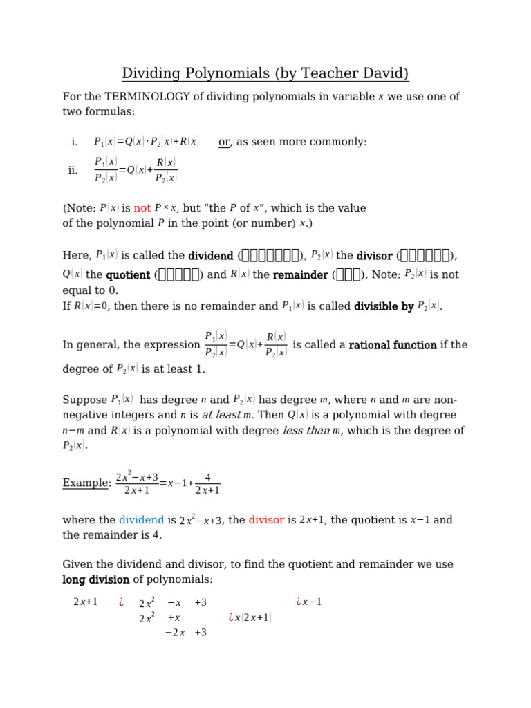 Dividing Polynomials Explained | PDF