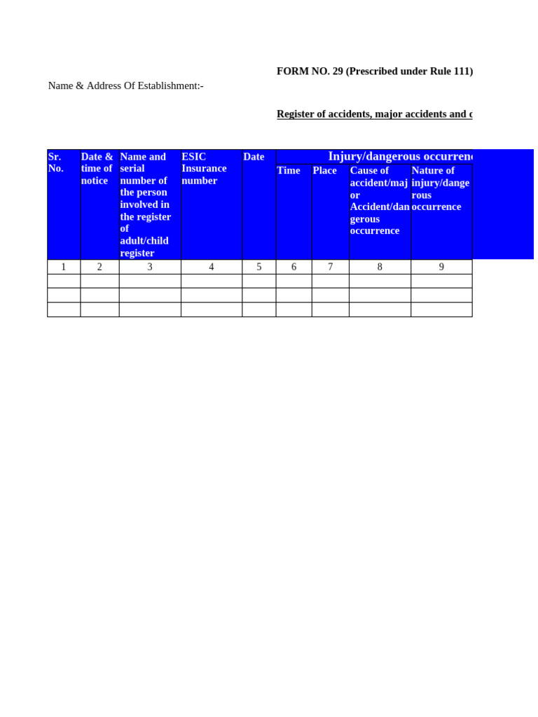 Accident Register Form No. 29 Details | PDF
