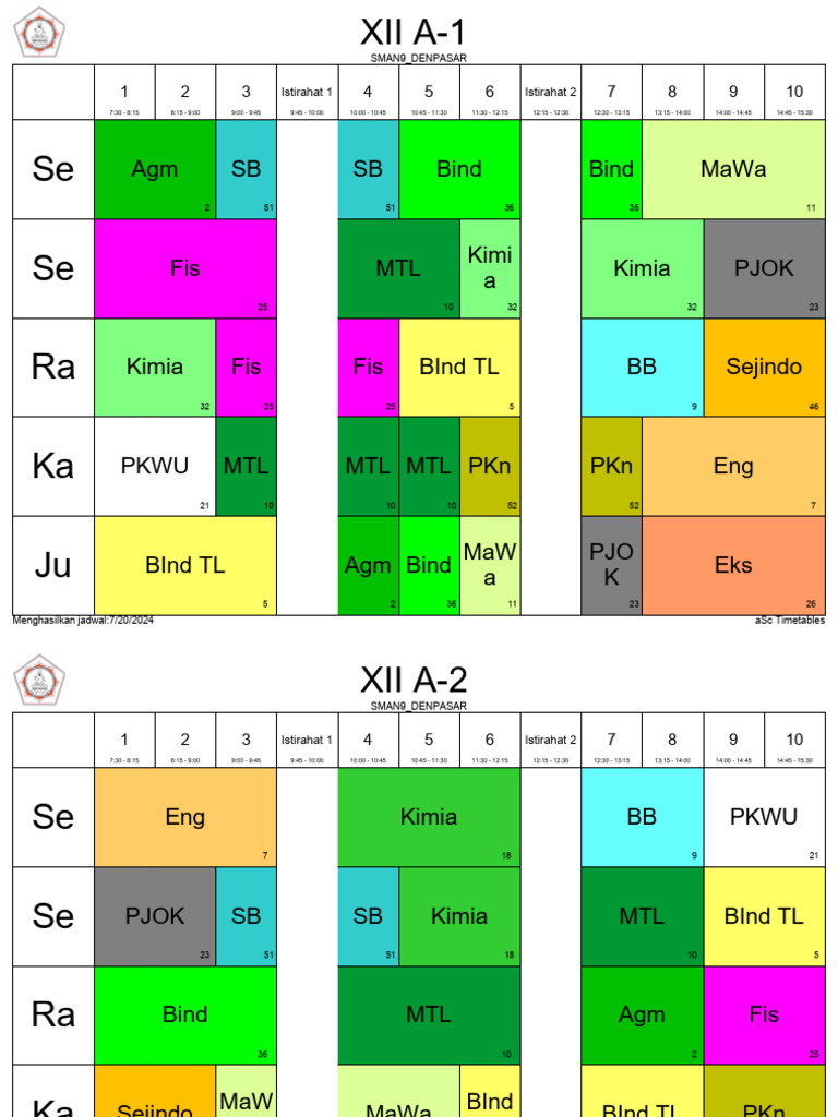SMAN9 Denpasar Class Timetables | PDF