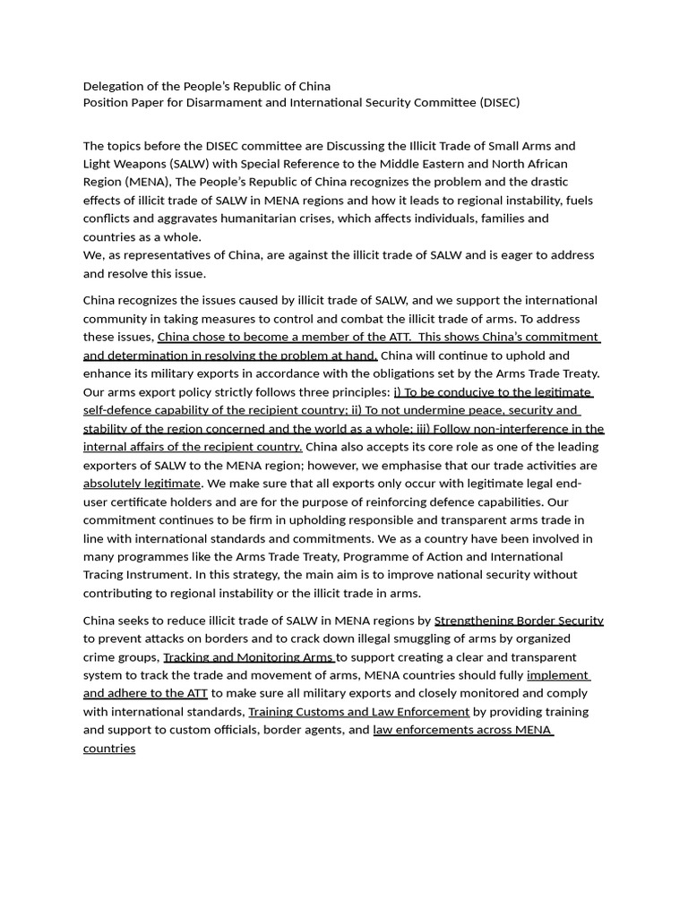 China DISEC Position Paper | PDF | Government | International Security