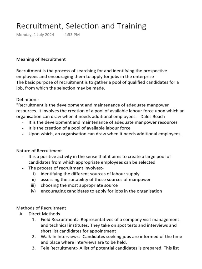 Recruitment, Selection and Training | PDF | Recruitment | Employment