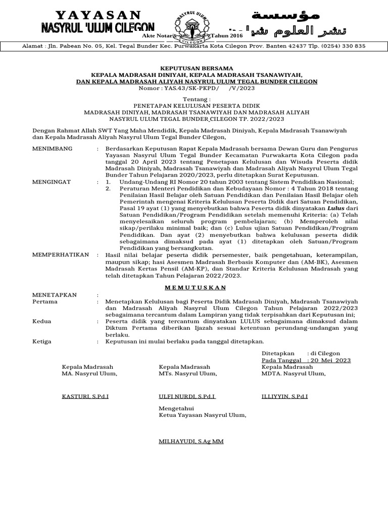 SK Bersama - TTG Kelulusan MDTA-MTs-MA - 2022-2023 | PDF