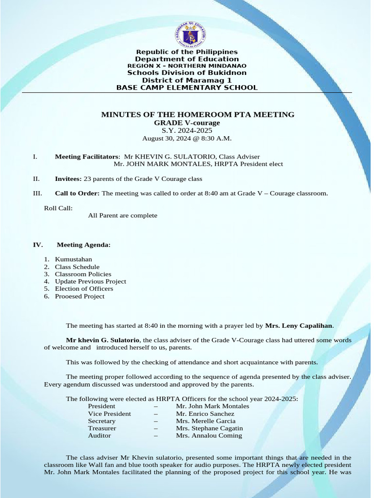 Minutes HRPTA Meeting SY 2024 2025 | PDF