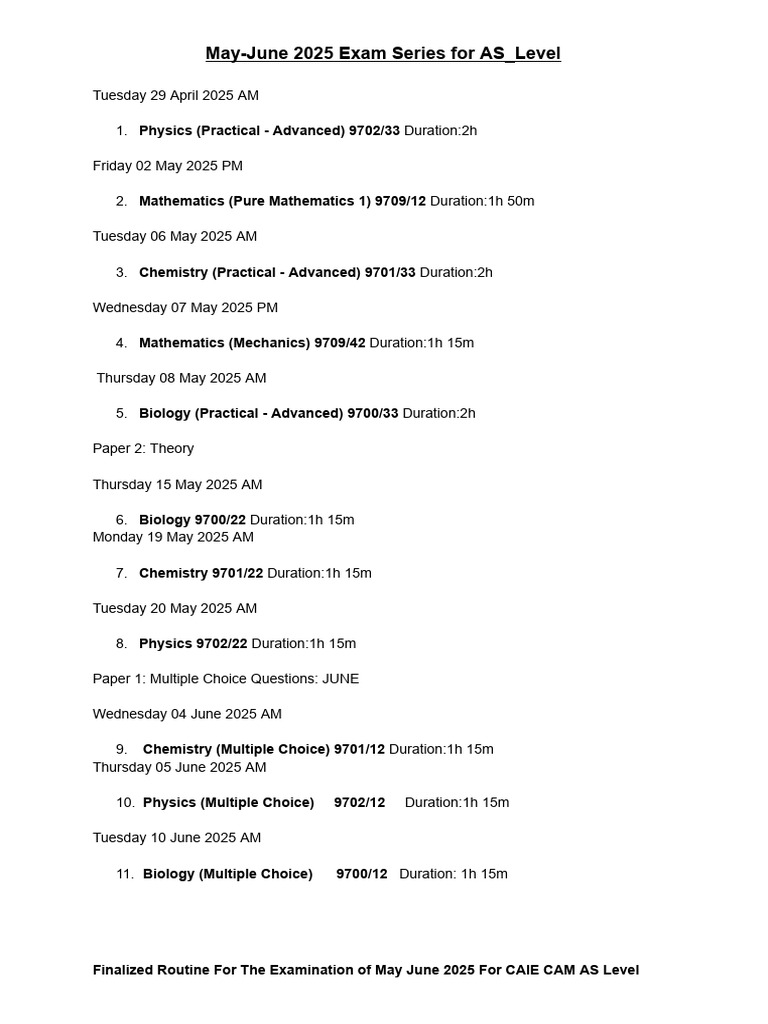AS Level May-June 2025 Exam Schedule | PDF