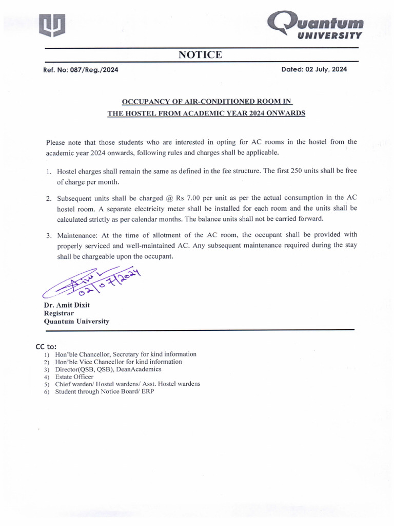 Occupancy of Ac Room Notice | PDF
