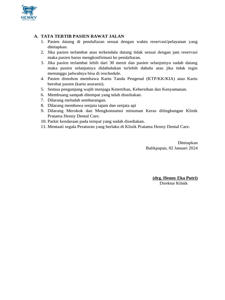 Tata Tertib Pasien Klinik HDC | PDF