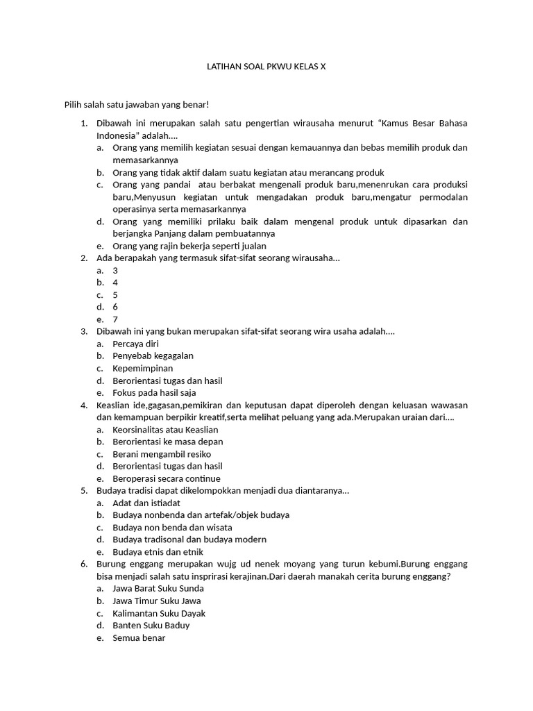 Latihan Soal Pkwu Kelas X | PDF