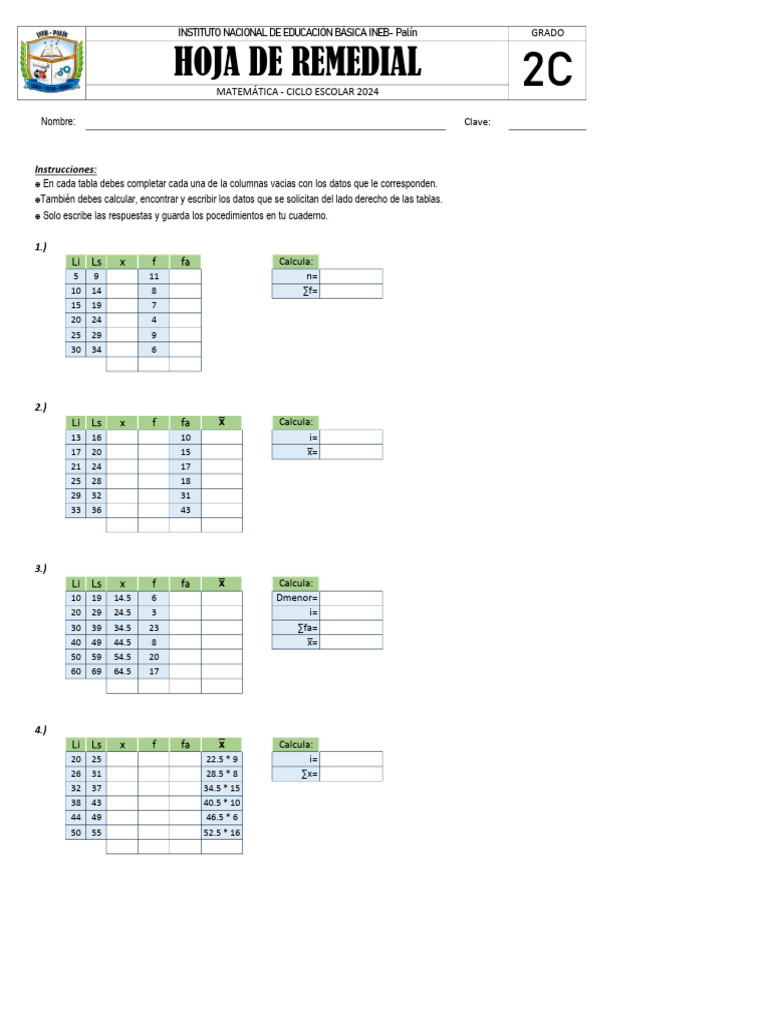 Hoja de Remedial - Matemática (2C) | PDF