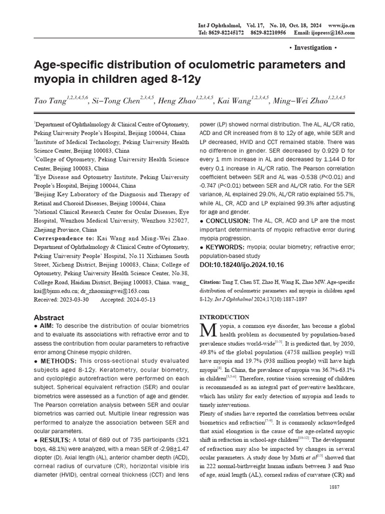 Myopia and Oculometric Parameters in Children | PDF | Statistical ...