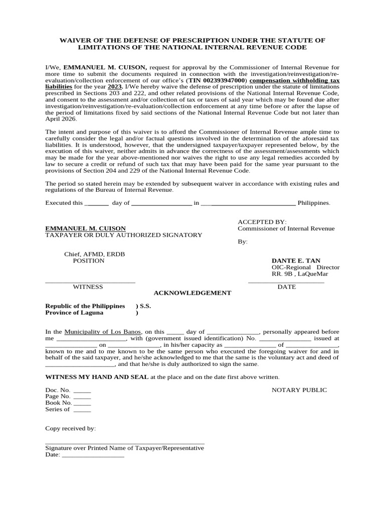 WAIVER OF THE DEFENSE OF PRESCRIPTION UNDER THE STATUTE OF LIMITATIONS ...