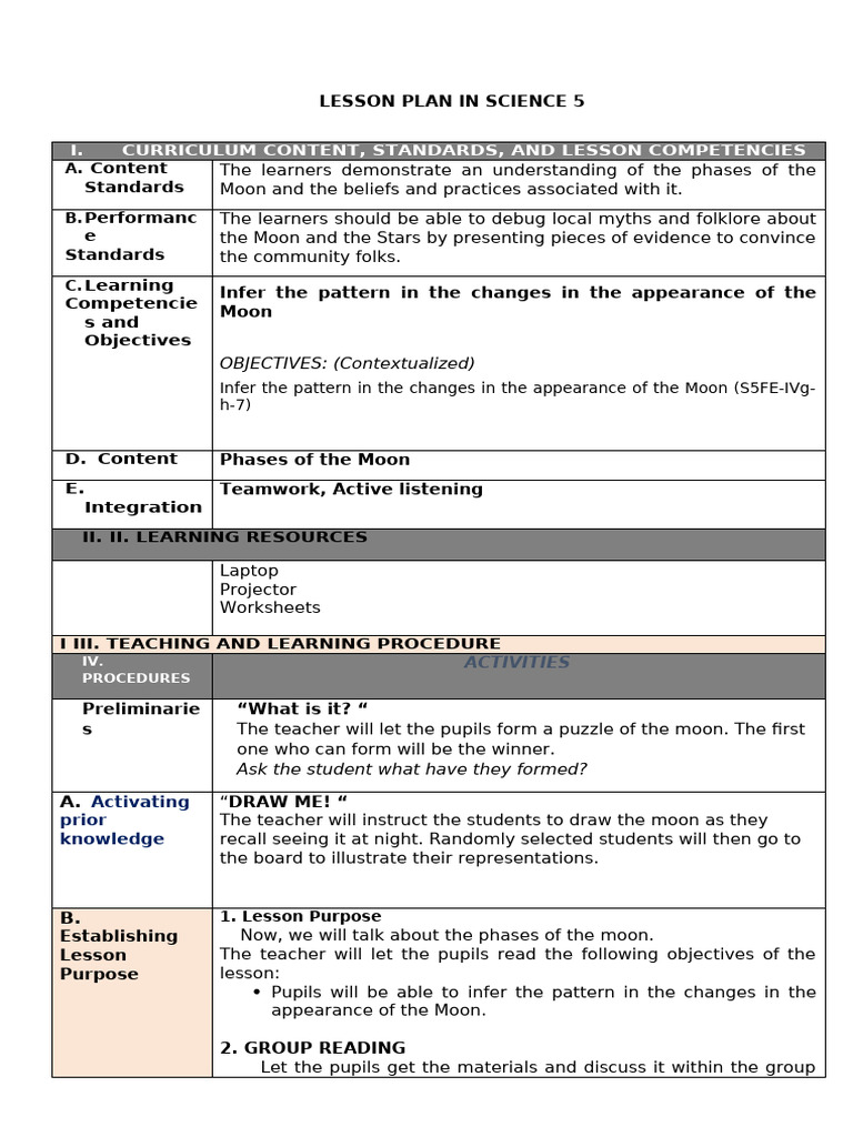 Phases of the Moon Lesson Plan | PDF | Moon | Physical Sciences