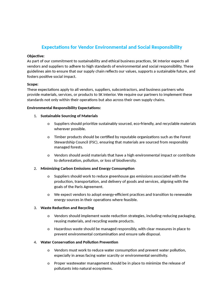 Expectations Regarding The Environmental and Social Practices of Vendor ...