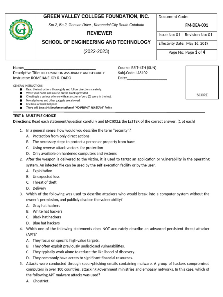 Ias102 Midterm Reviewer | PDF | Security | Computer Security