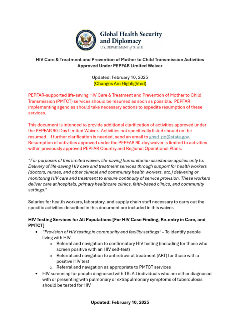 GHSD - PEPFAR Limited Waiver - Approved Activities and FAQ - 02102025 ...
