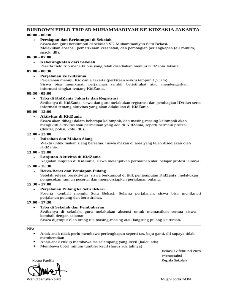 Rundown Field Trip SD Muhammadiyah Ke KidZania Jakarta | PDF