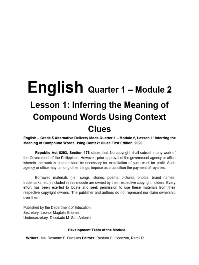 English5 - q1 - Mod2 - Lesson1 - Inferring Meaning of Compound Words ...