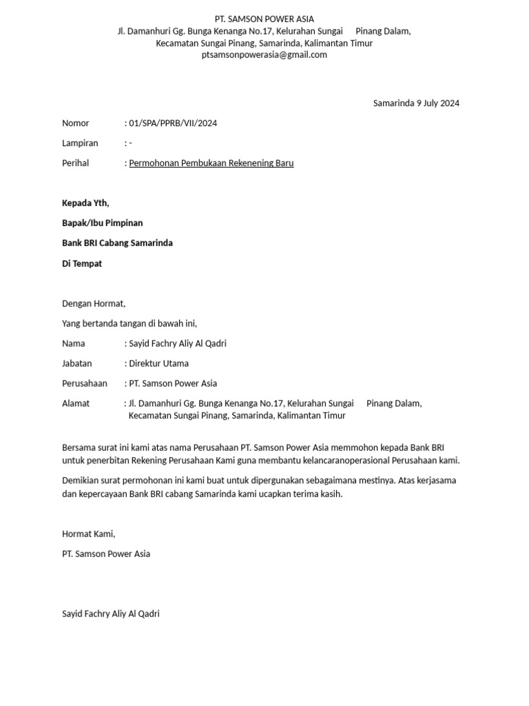 Permohonan Rekening Baru PT. Samson Power | PDF