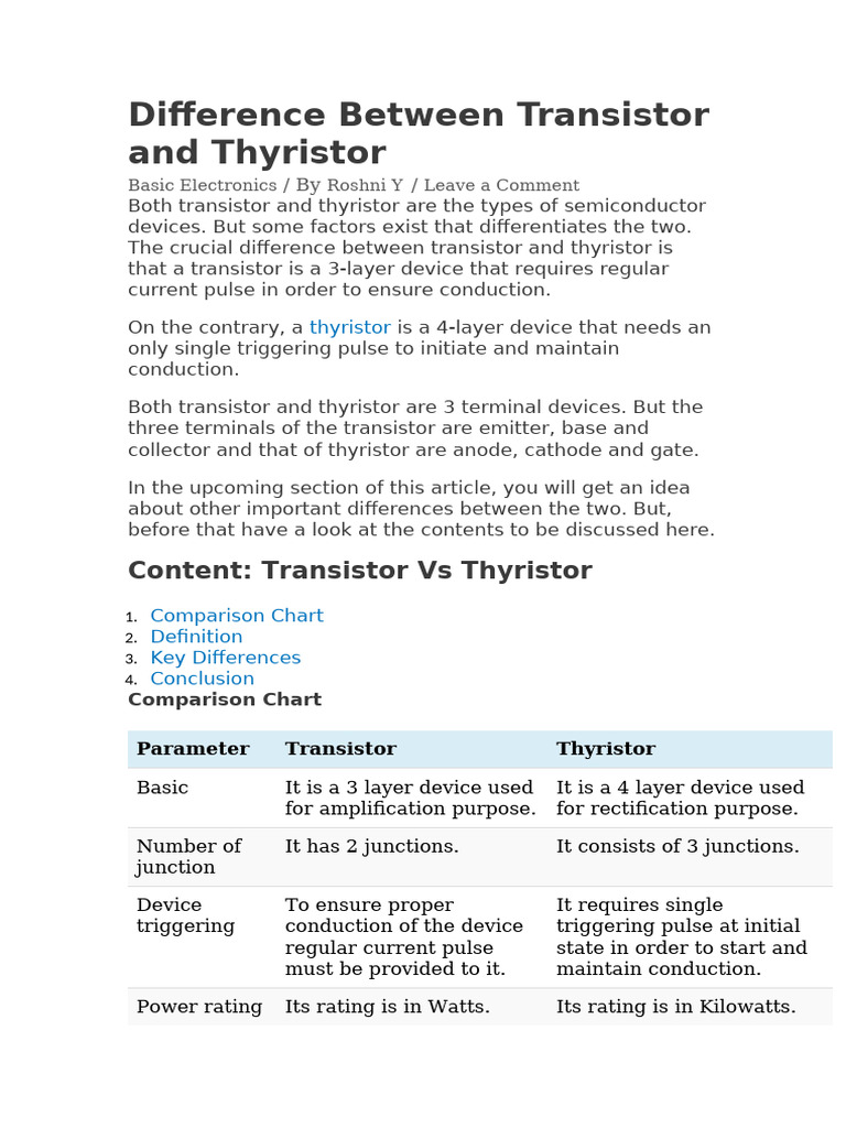Difference Between Transistor and Thyristor | PDF | Transistor | Bipolar Junction Transistor