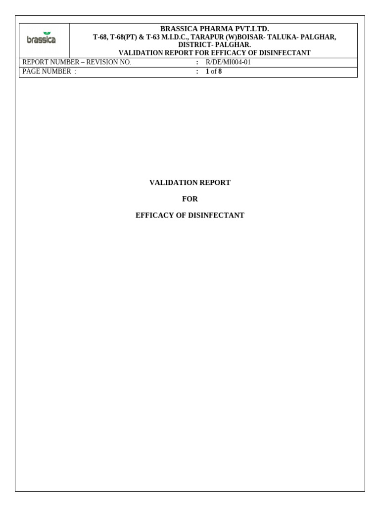 Disinfectant Efficacy Validation Report | PDF | Disinfectant