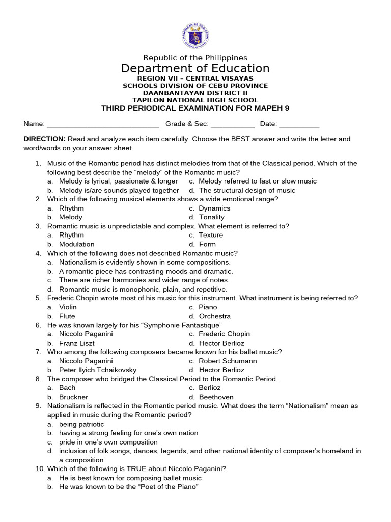 3RD Periodical Test_MAPEH 9 (Test Questionnaire) | PDF | Romantic Music ...