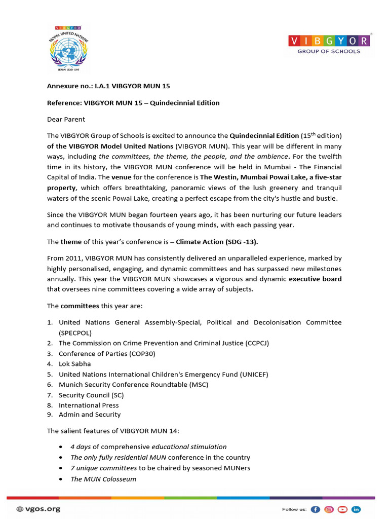 Annexure I A 1 Vibgyor Mun 15 | PDF