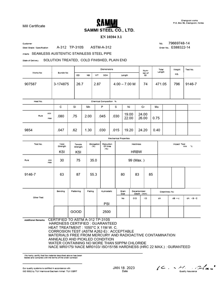 310 26.7 Od X 2.87 Pipe MTC | PDF | Steel | Pipe (Fluid Conveyance)