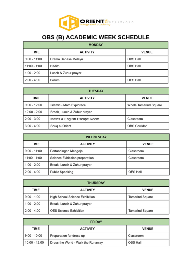 Obs B Academic Week Schedule | PDF