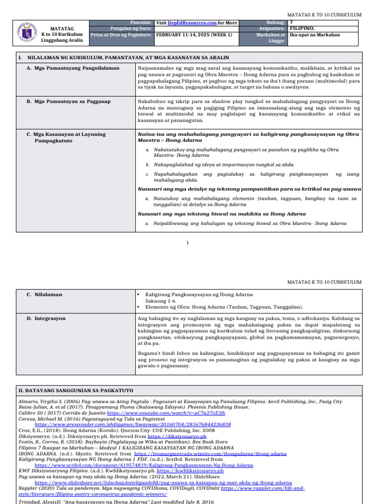 DLL Matatag - Filipino 7 Q4 W1 | PDF