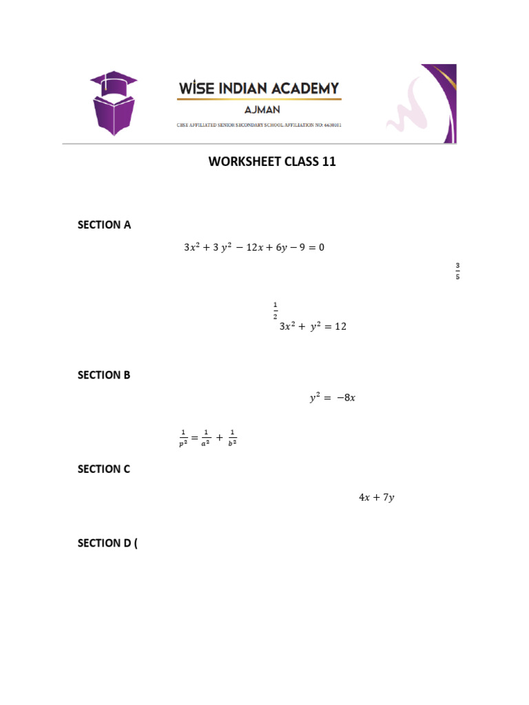 Worksheet Conic Sections And Straight Lines Pdf
