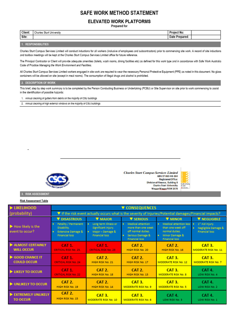 SWMS Elevated Work Platforms WHS098 V005 | PDF | Personal Protective ...